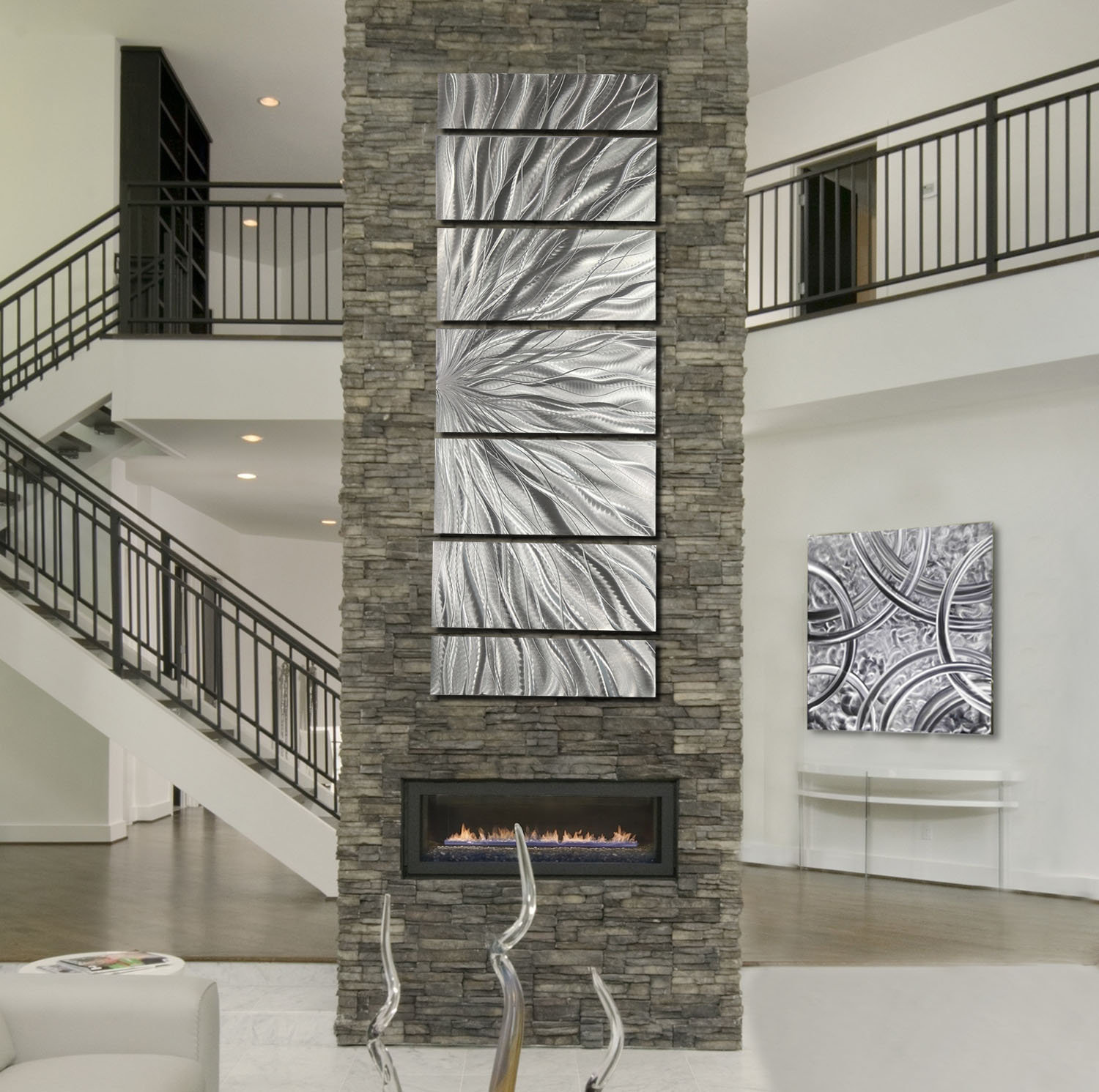 Orren Ellis Silver Plumage Panels Metal Wall Art - 68" x 24"- Modern Handcrafted Silver Metal ...